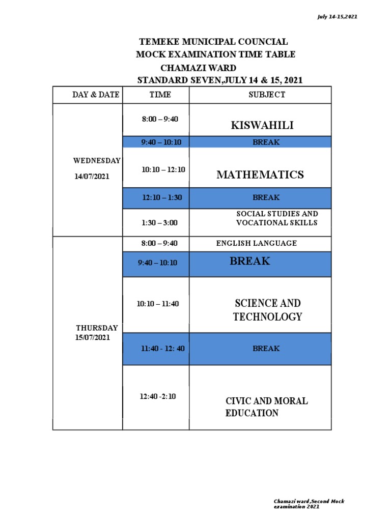 Chamazi Ward Standard Seven Mock Exam Timetable | PDF