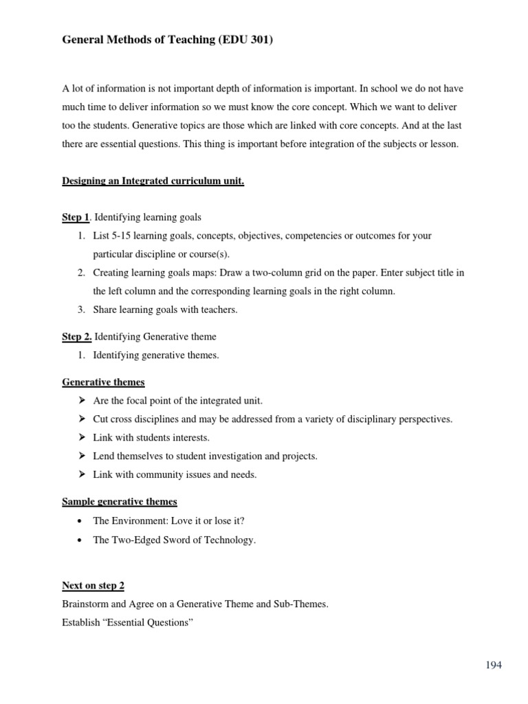 General Methods of Teaching (EDU 301) : Designing An Integrated ...