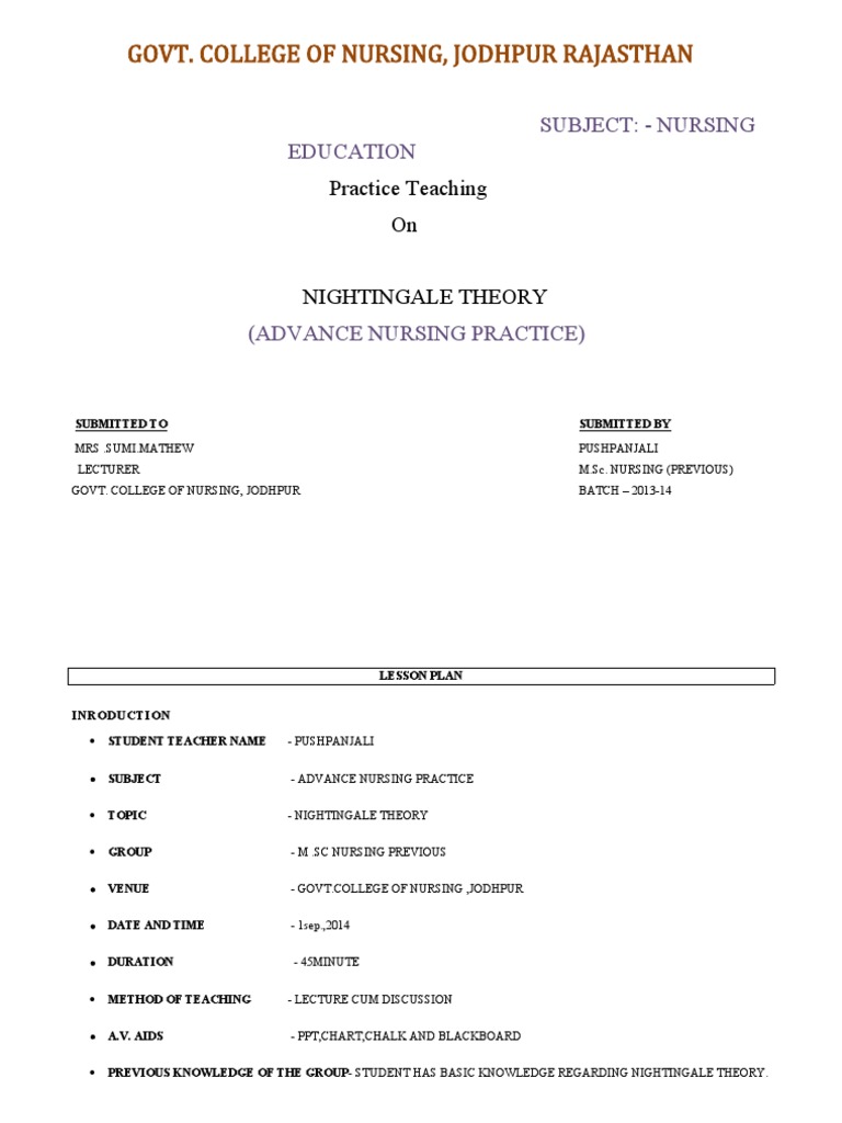 Lesson Plan On Nightingale Theory | PDF | Florence Nightingale | Nursing