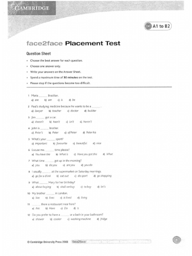Placement Test Cambridge | PDF