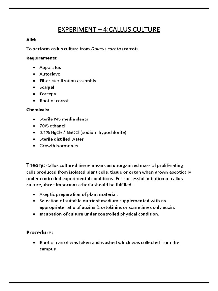 Experiment 5 - Callus Culture | PDF | Sterilization (Microbiology) | Root