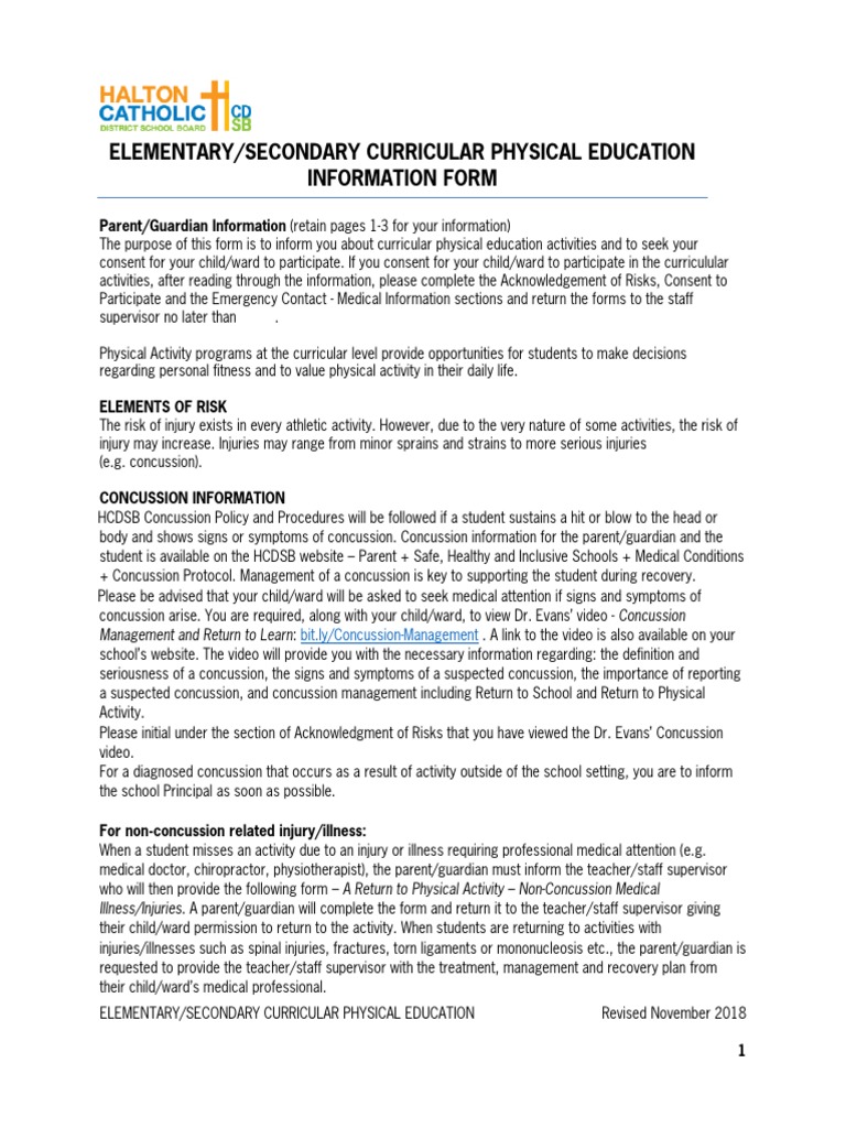 Physical Education Form | PDF | Concussion | Consent