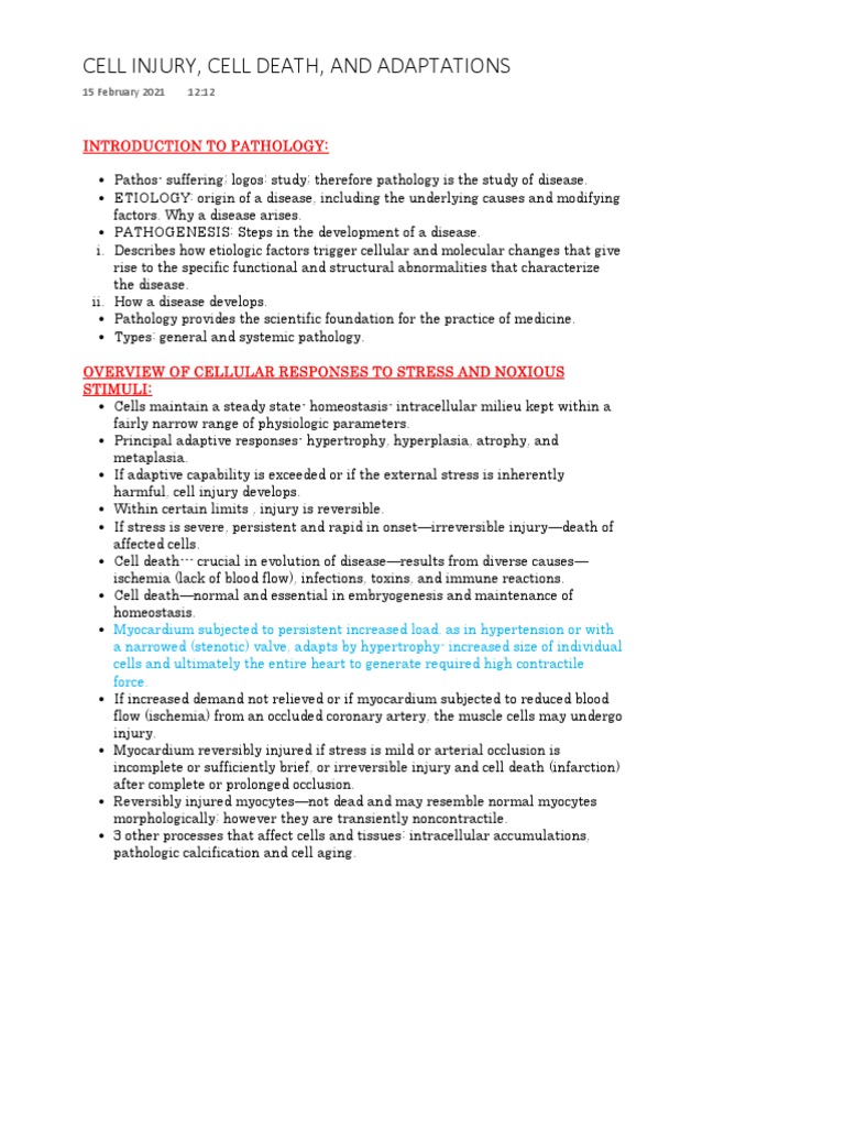 Cell Injury, Cell Death and Adaptations | PDF