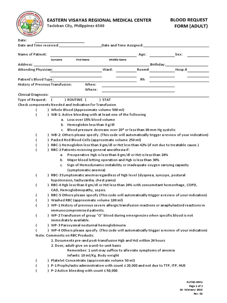 Blood Request Form (Adult) | PDF | Blood Transfusion | Bleeding