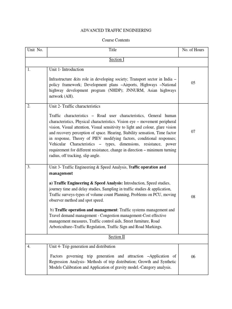 Advanced Traffic Engineering Course Outline | PDF | Highway | Traffic