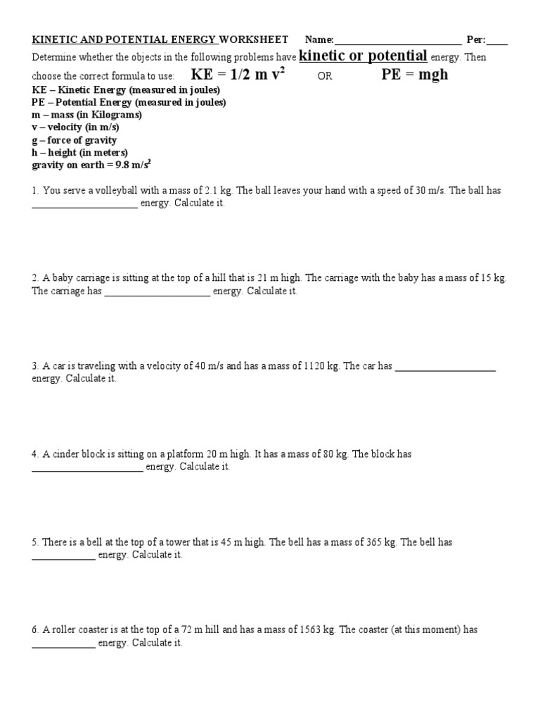 Kinetic and Potential Energy Worksheet | PDF | Potential Energy ...