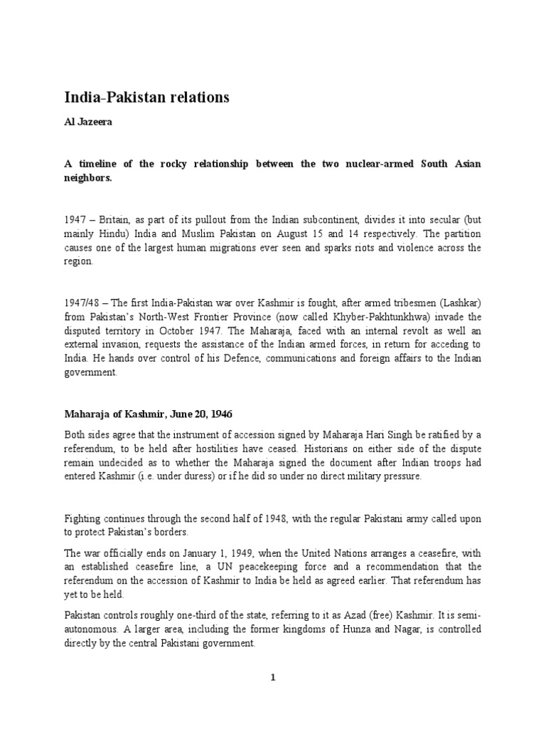 Pakistan and India Relations Since 1947 | PDF | India–Pakistan ...