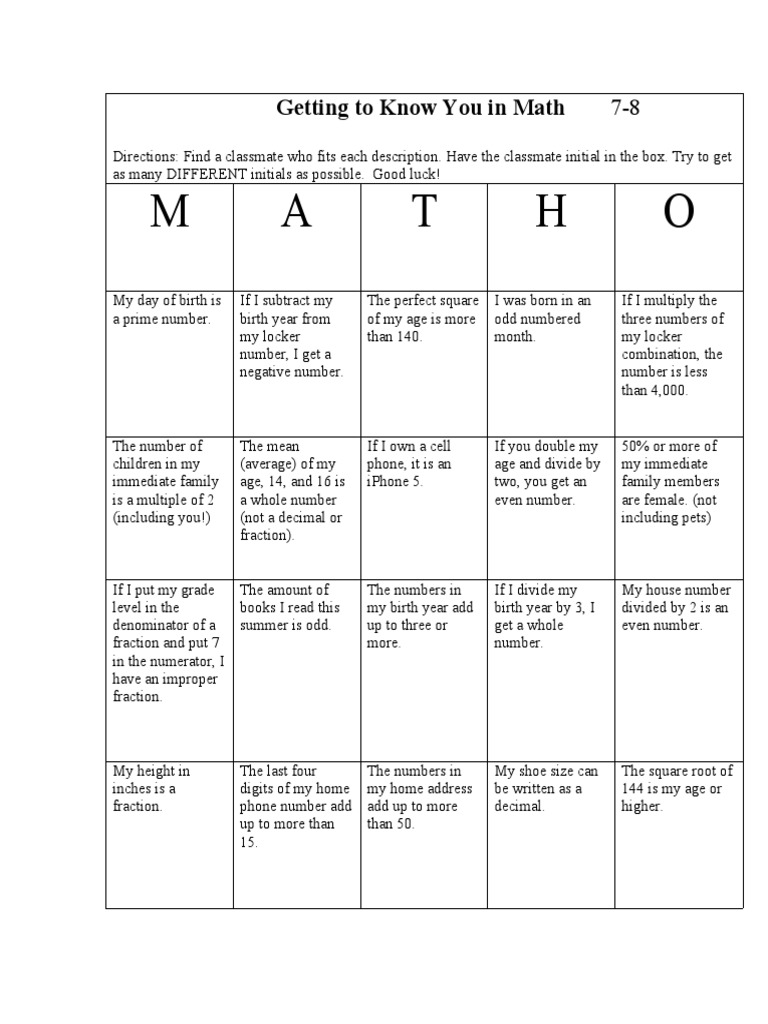 M A T H O: Getting To Know You in Math 7-8 | PDF | Numbers | Encodings