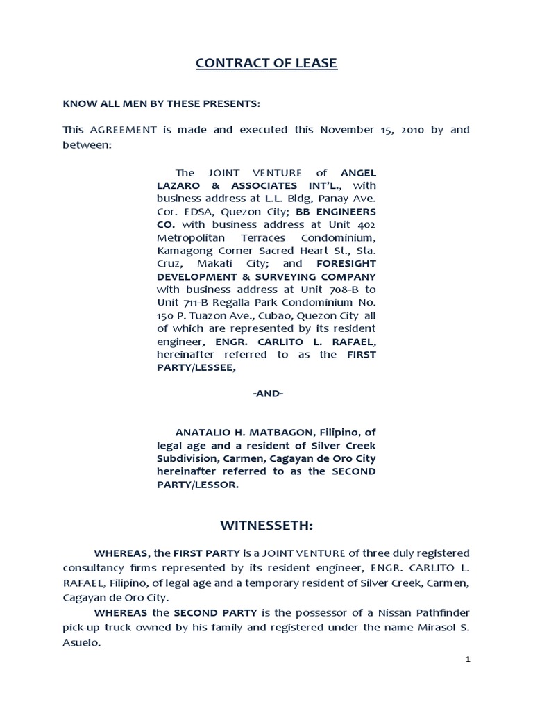 CONTRACT OF LEASE - Motor Vehicle | PDF | Lease | Renting