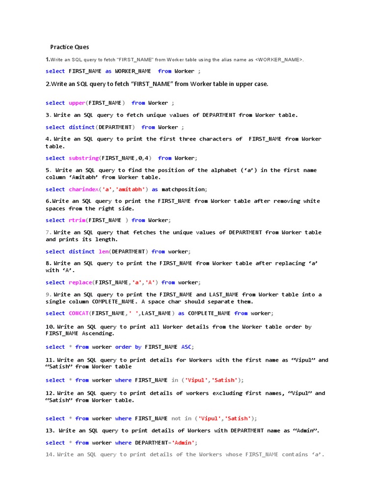 Practice Ques: Select As From | PDF | Table (Database) | Sql