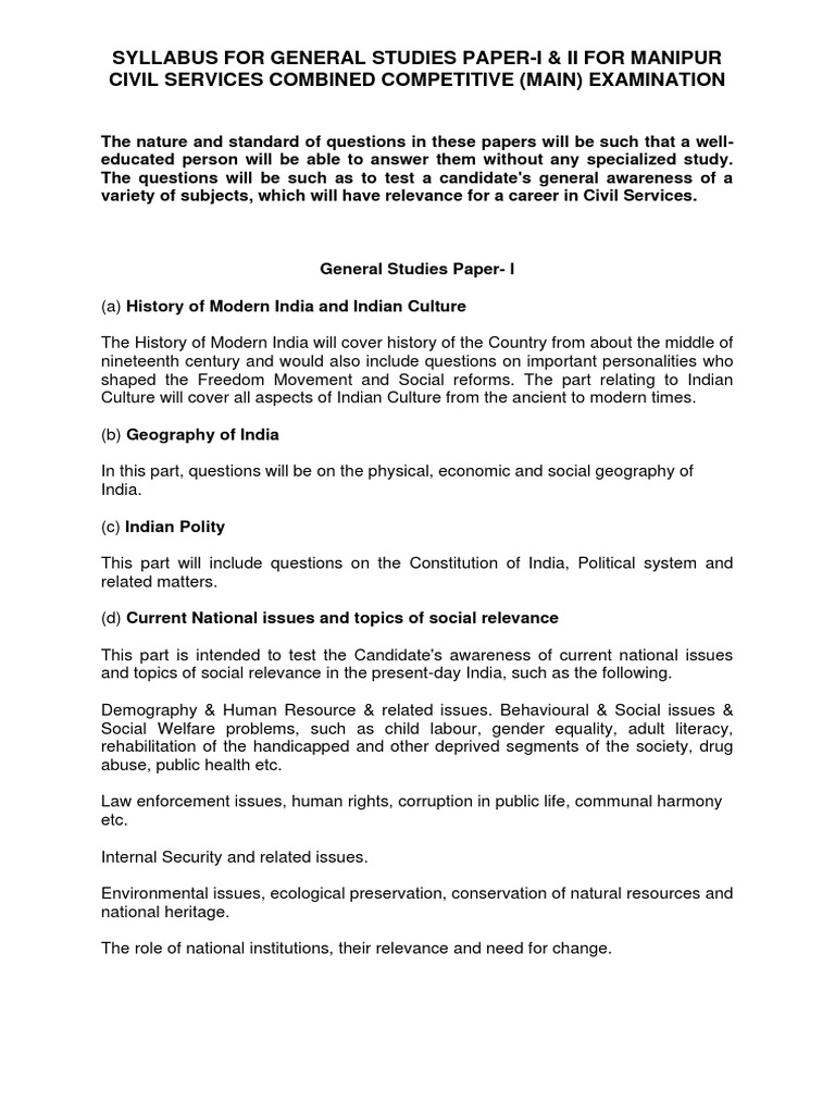 MPSC General Studies Syllabus for Manipur | PDF | Policy | Government