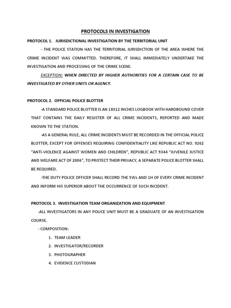 Protocols in Investigation | PDF | Crime Scene | Arrest