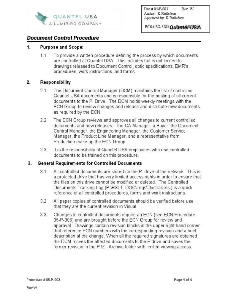 Quantel USA Document Control Procedure: 1. Purpose and Scope | Download Free PDF | Software ...