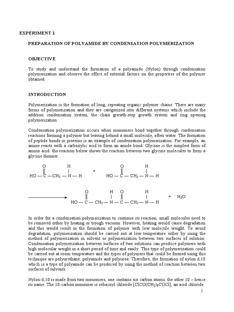 Experiment 1 Preparation of Polyamide by Condensation Polymerization ...