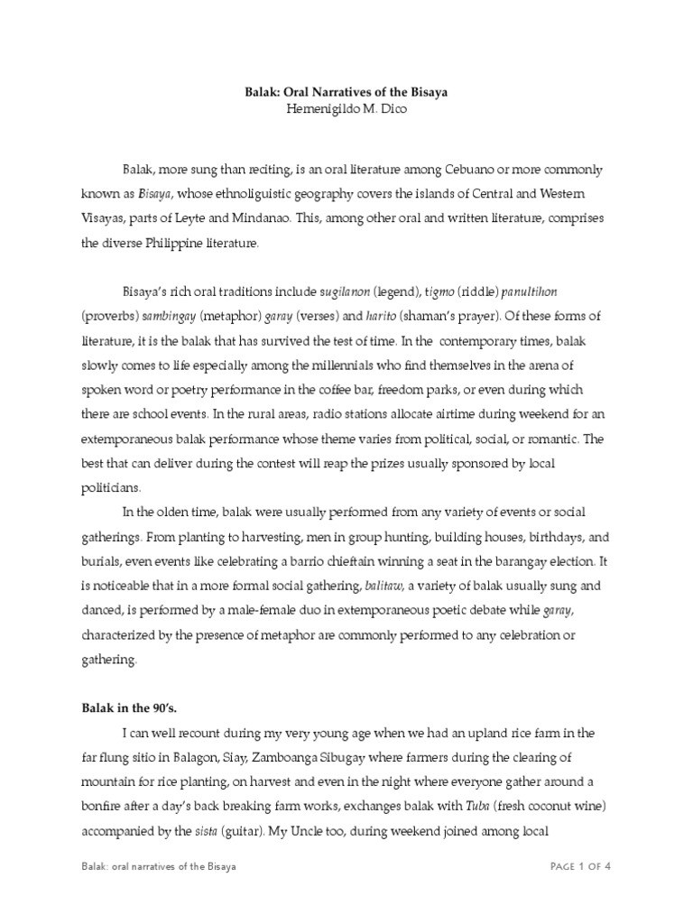 Balak Oral Narratives of The Bisaya | PDF | Poetry