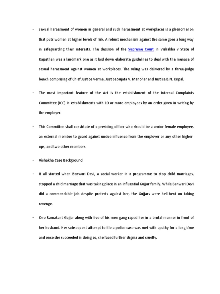 Supreme Court: Vishakha Case Background | PDF | Sexual Harassment | Rape
