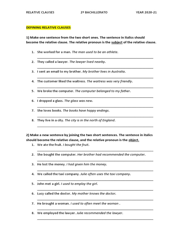 Relative Clauses Exercises 2020-21 | PDF | Sentence (Linguistics) | Syntax