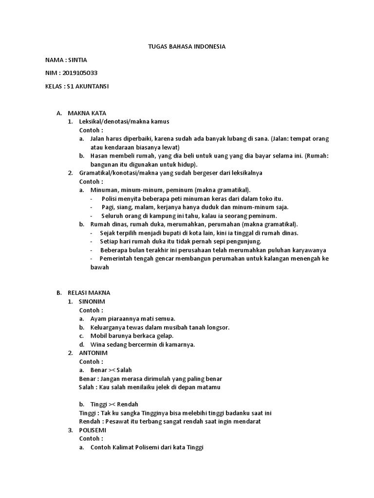 Tgs B Indonesia Makna Kata (Sintia 2019105033) | PDF