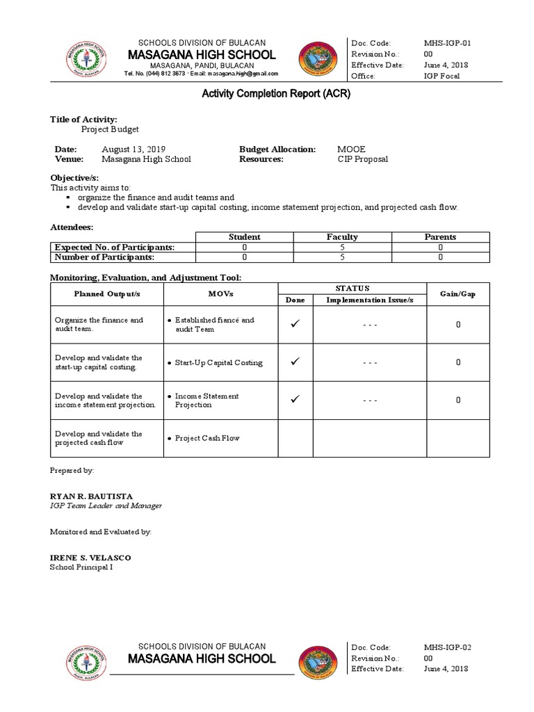 Masagana High School: Activity Completion Report (ACR) | PDF | Budget ...
