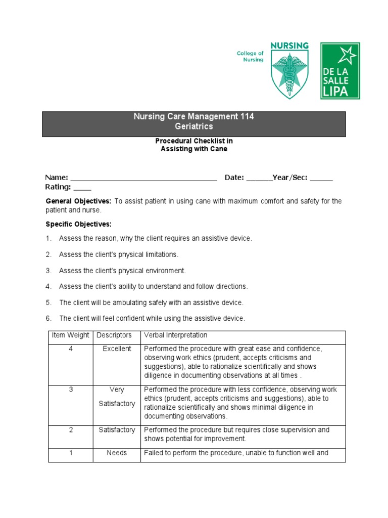 Nursing Care Management 114 Geriatrics: Procedural Checklist in ...