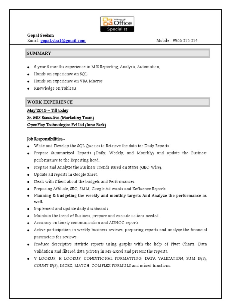 Gopal Resume | PDF | Microsoft Excel | Data