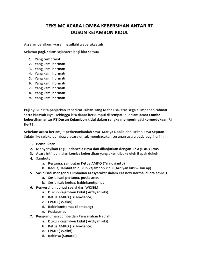 Teks MC Acara Lomba Kebersihan Antar RT | PDF