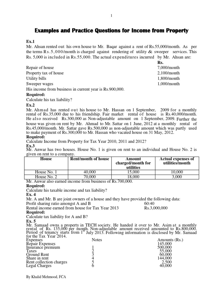 Examples & Practice Questions For Income From Property | PDF | Expense ...