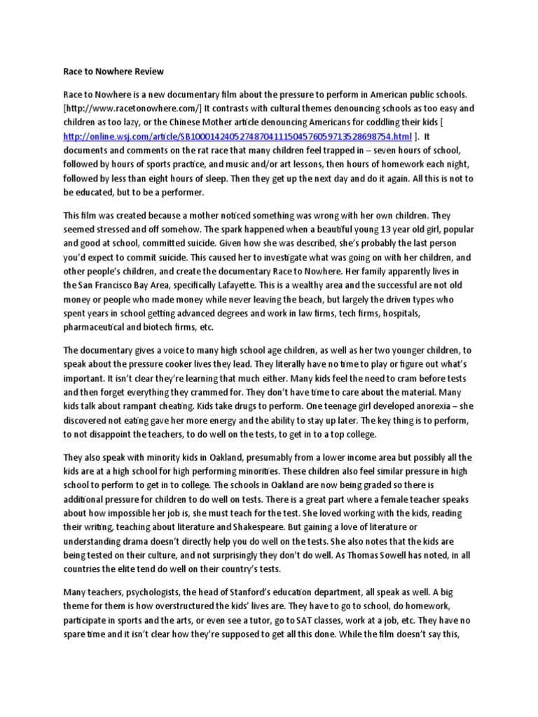 Race To Nowhere | PDF | Homework | Teachers