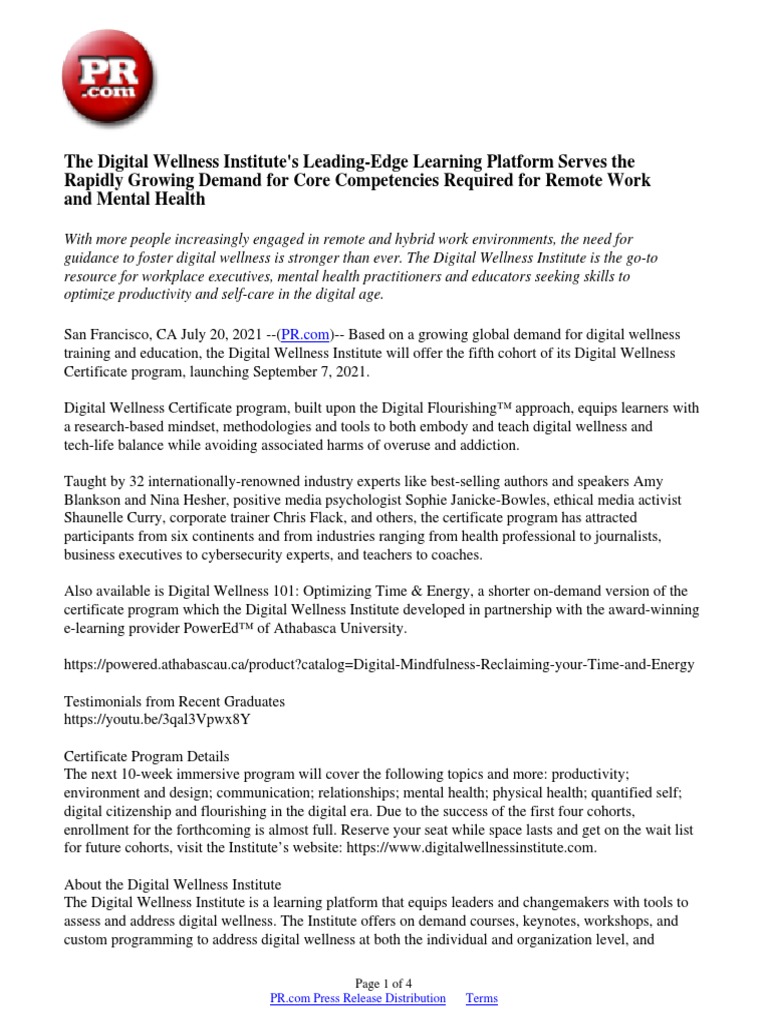 The Digital Wellness Institute's Leading-Edge Learning Platform Serves ...