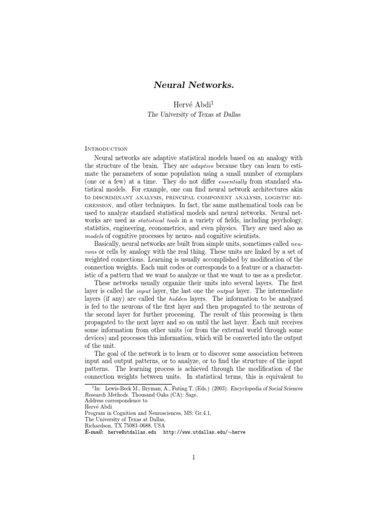 Neural Networks.: Herv e Abdi | PDF | Artificial Neural Network | Systems Science