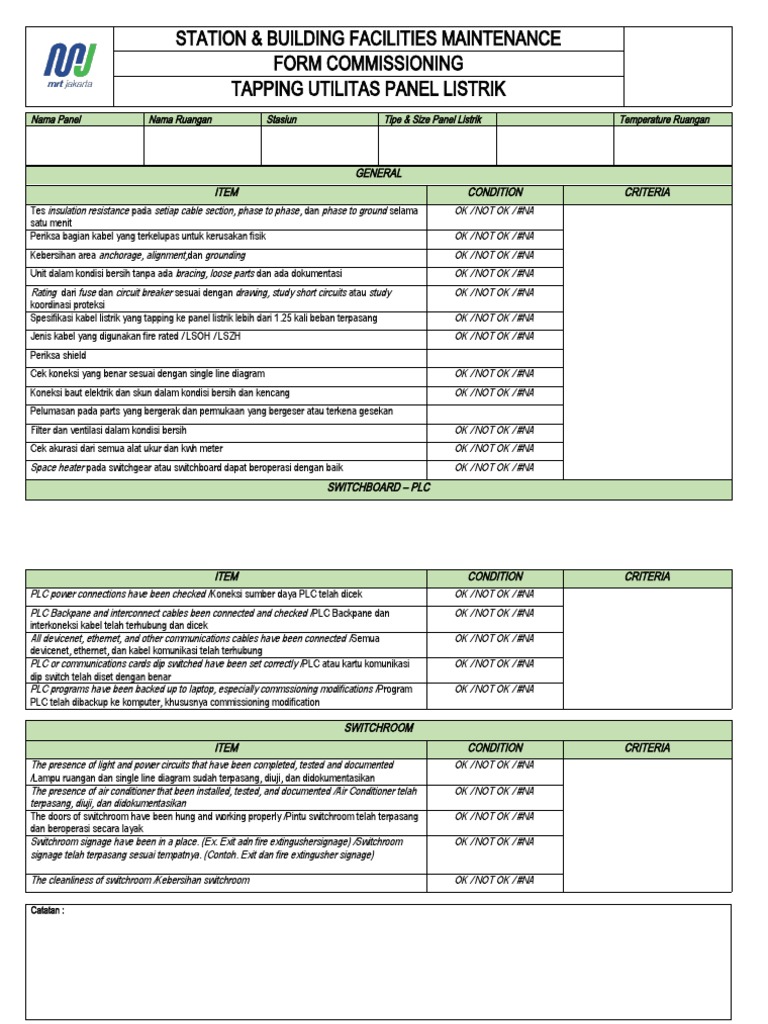 Formulir Tes Komisioning Panel Listrik | PDF | Sains & Matematika ...