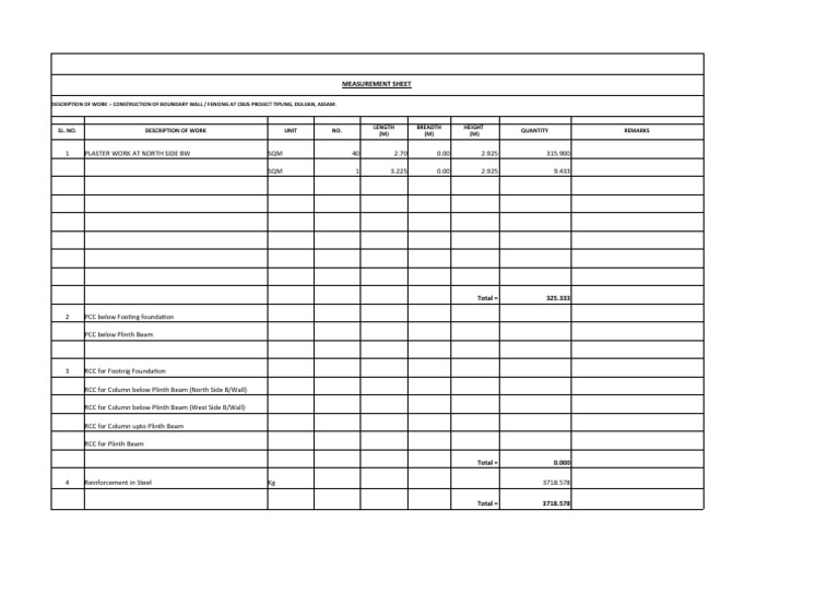 Construction measurement sheet for boundary wall project | PDF
