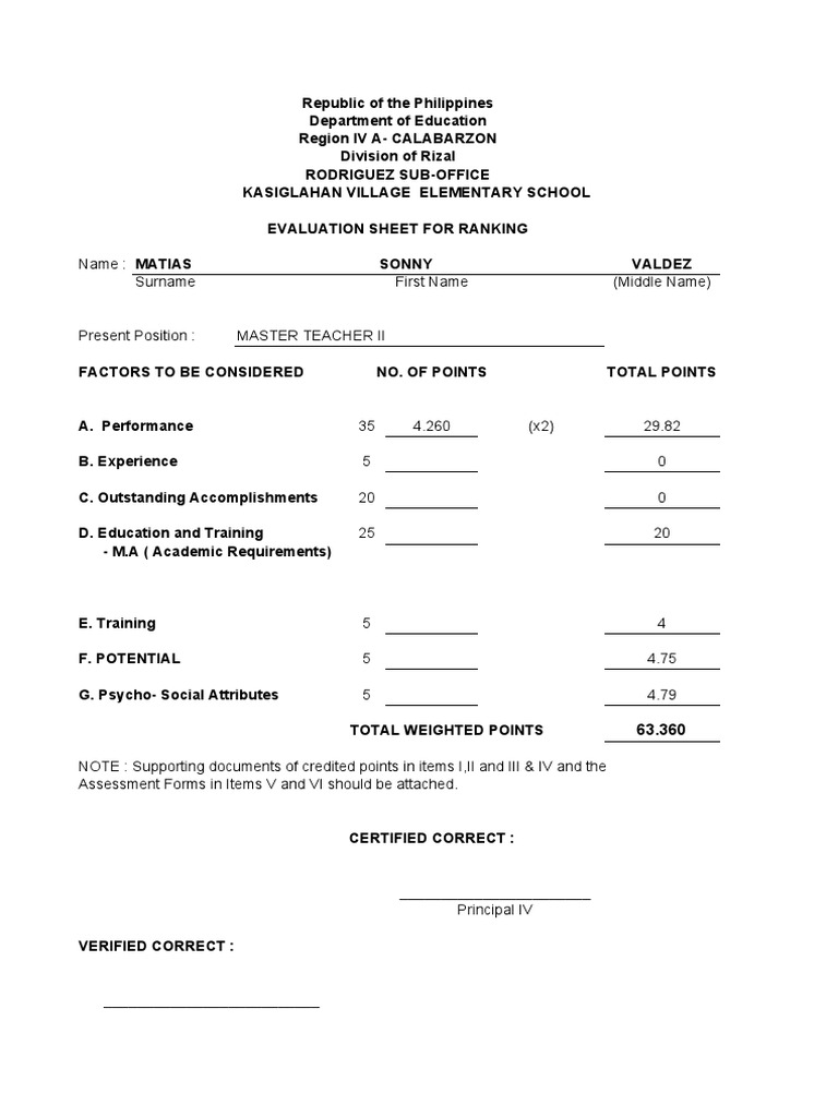 Evaluation Sheet For Ranking | PDF | Neuropsychological Assessment ...