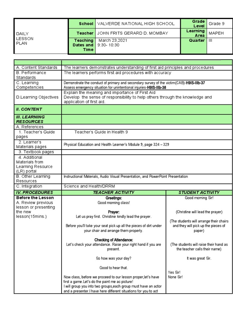 Lesson Plan Cot Grade 9 Health Third | PDF | First Aid | Physician