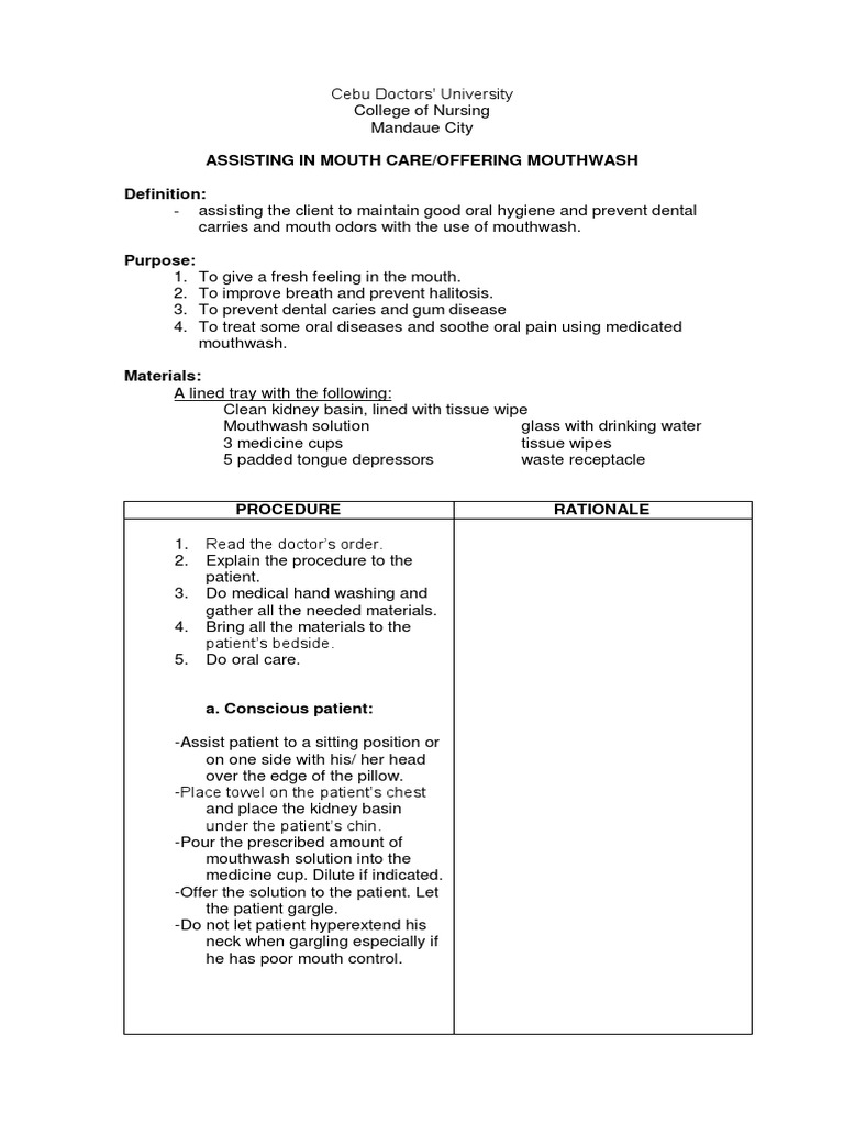 Assisting-in-Mouth-Care Procedure Guide Nursing | PDF | Clinical ...