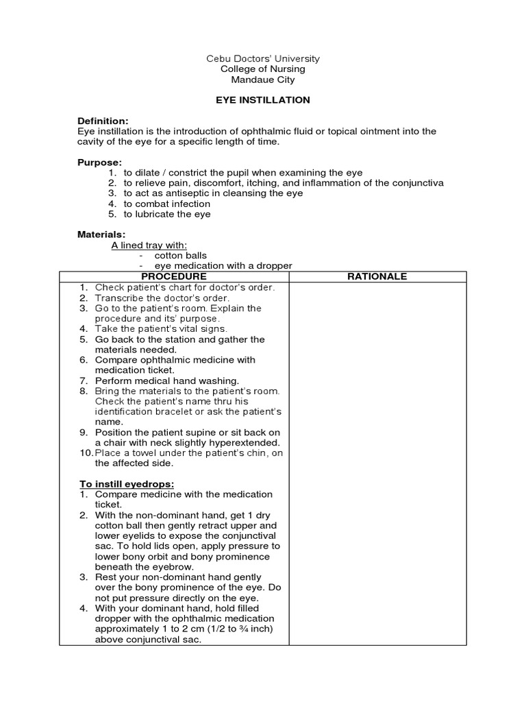 Eye Instillation Procedure Guide Nursing Pdf Eye Clinical Medicine