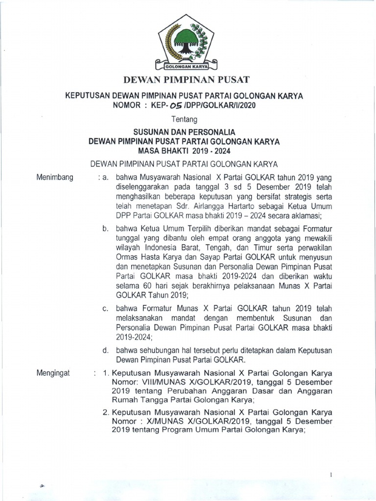 SK Pengurus DPP Golkar 2019 2024 2020 | PDF
