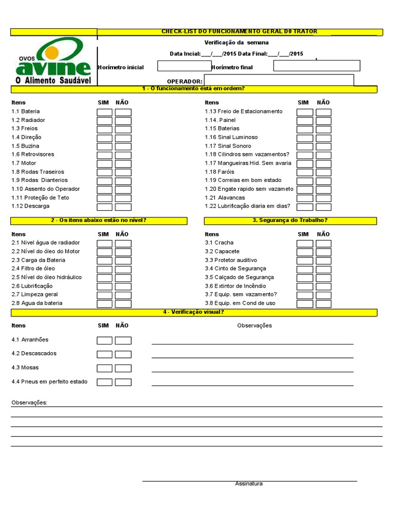 CHECK LIST Trator Semanal | PDF | Veículos de rodas | Carro
