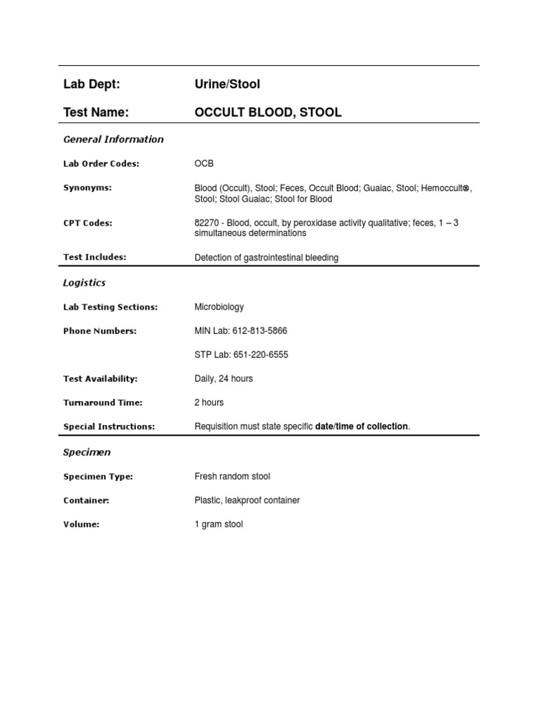 Lab Dept: Urine/Stool Test Name: Occult Blood, Stool: General ...