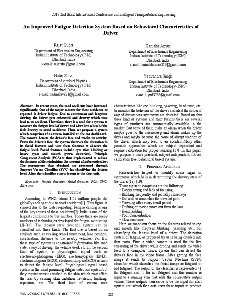 An Improved Fatigue Detection System Based On Behavioral Characteristics of Driver | PDF ...