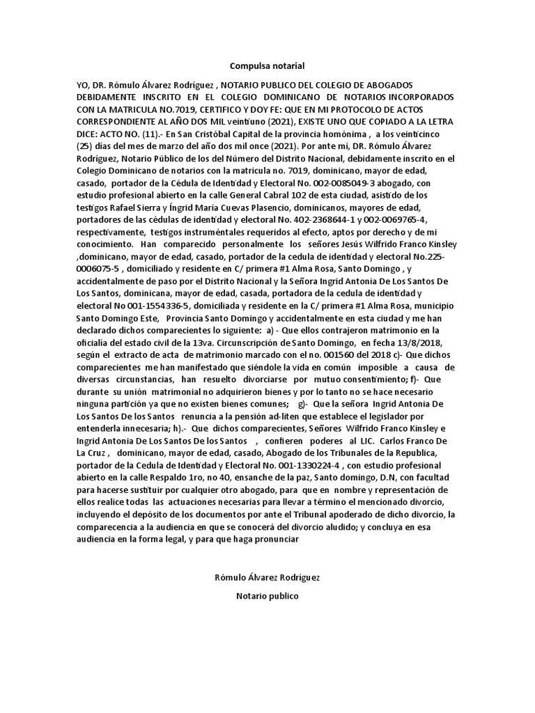 Compulsa Notarial | PDF | Divorcio | República Dominicana