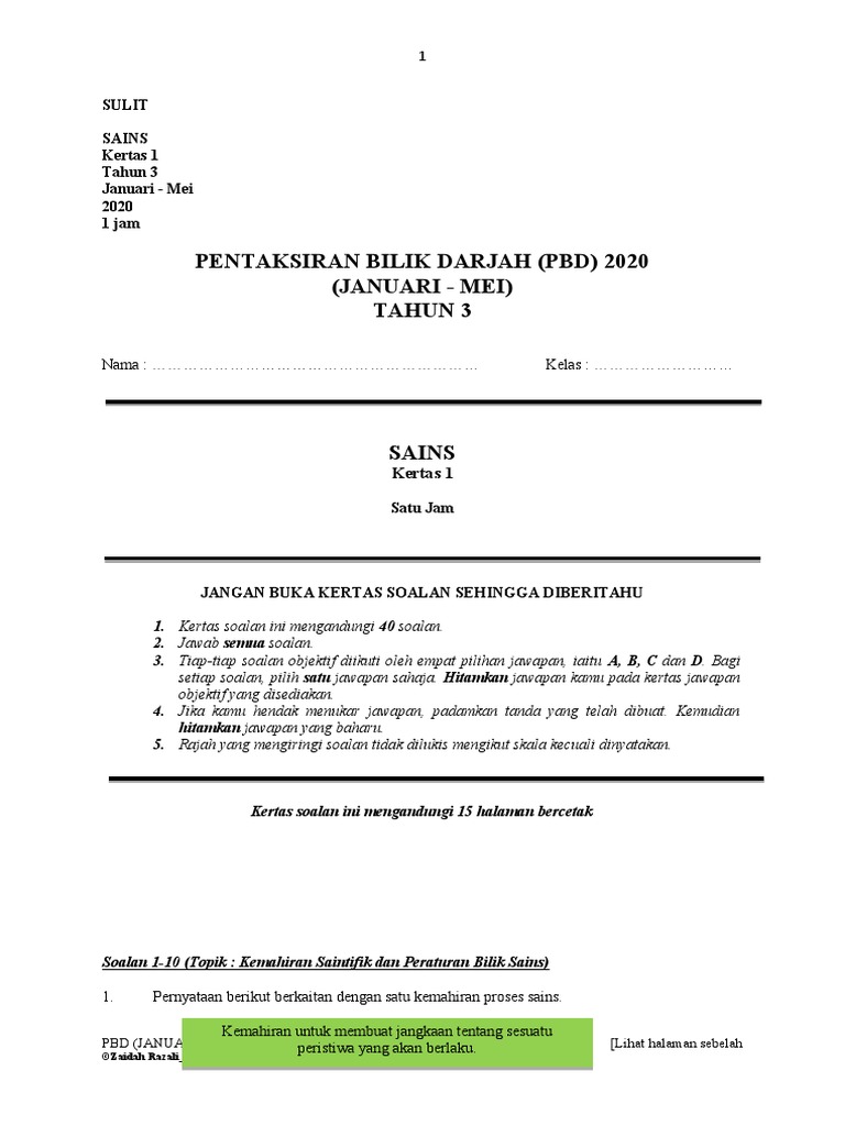 Soalan PBD (Jan - Mei) 2020 - Sains T3 K1 | PDF
