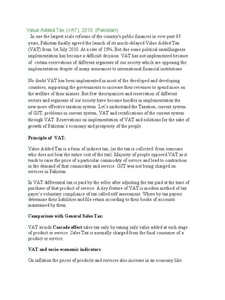VAT Implementation in Pakistan, 2010 | PDF | Value Added Tax | Taxes