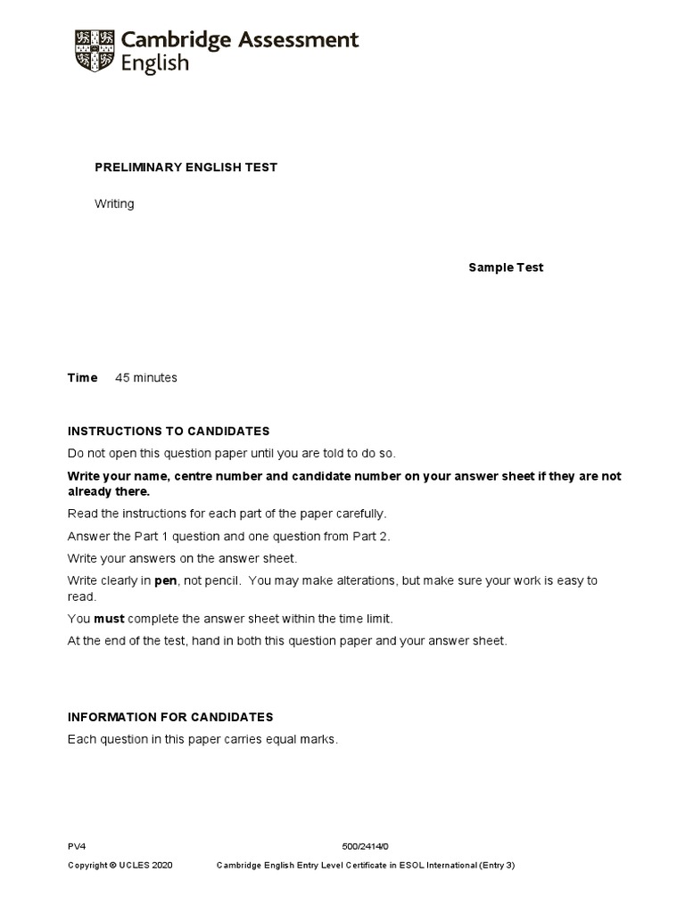 B1 Preliminary 2020 Sample Writing - Question Paper | PDF