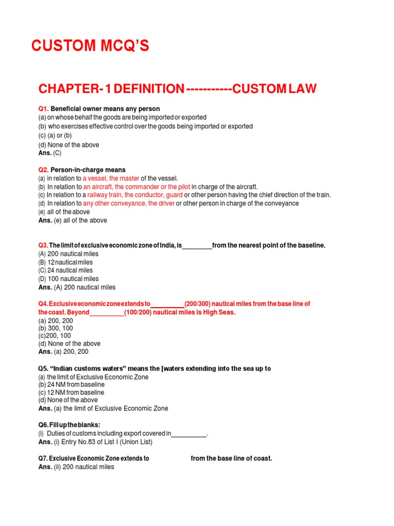 Custom MCQ Part 1 11.07.2021 | PDF | Exclusive Economic Zone | Customs