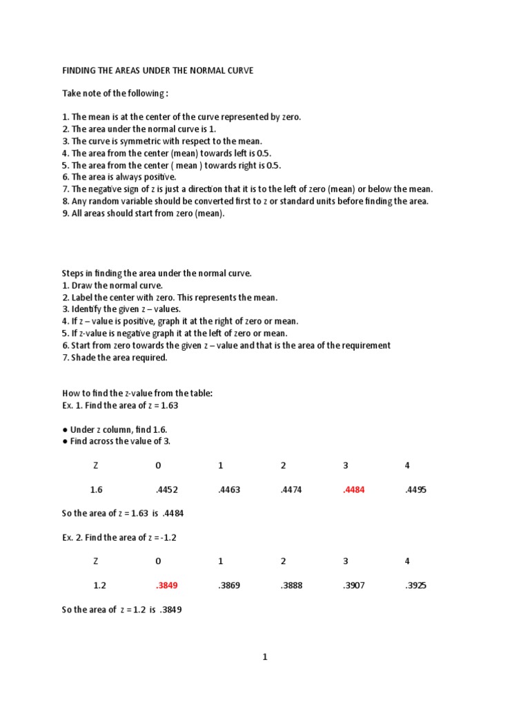 Finding The Areas Under The Normal Curve Reminders | PDF | Mean ...