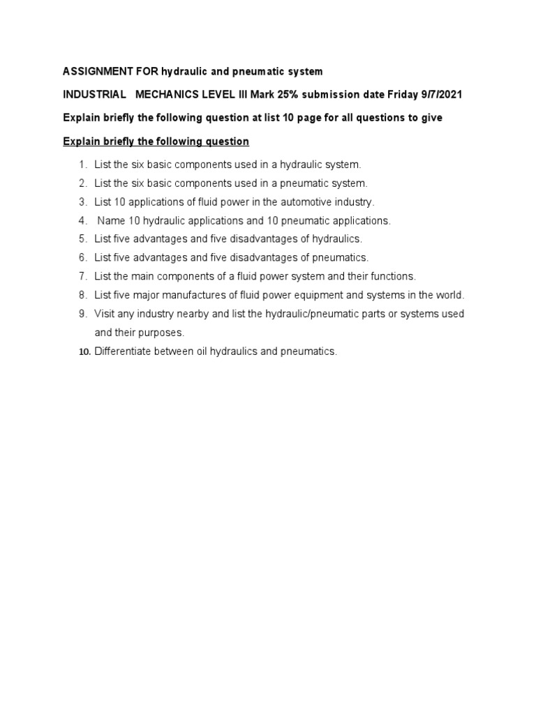 ASSIGNMENT For Hydraulic and Pneumatic System | PDF