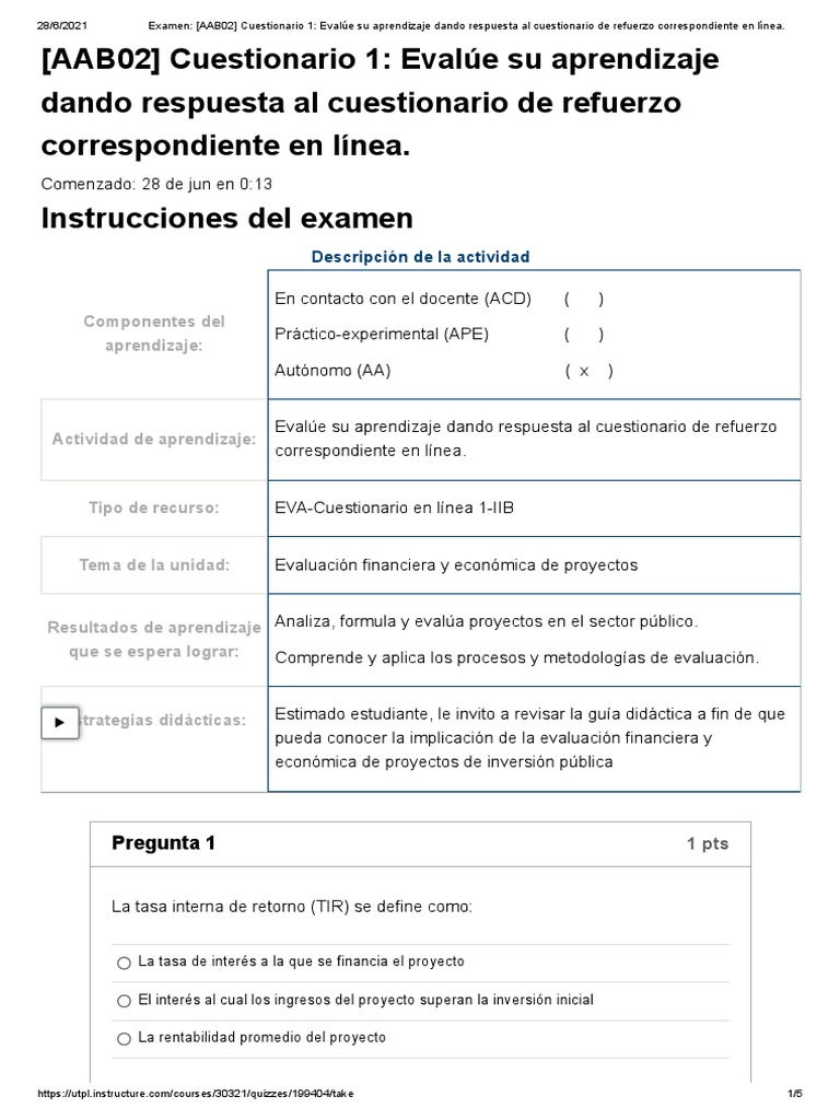 Evaluación Financiera Proyectos Online | PDF | Cuestionario | Prueba ...