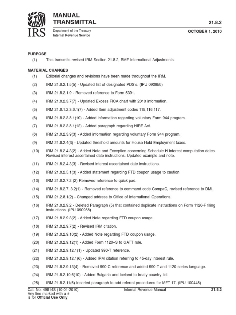 Revisions to Internal Revenue Manual Section 21.8.2 on BMF ...