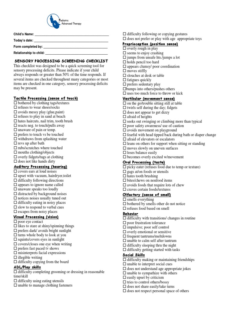 Pat Sensory Processing Screening Checklist Smaller | PDF | Olfaction ...